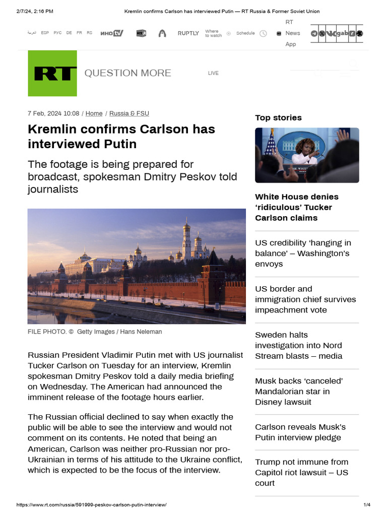 Kremlin Confirms Carlson Has Interviewed Putin — RT Russia & Former ...