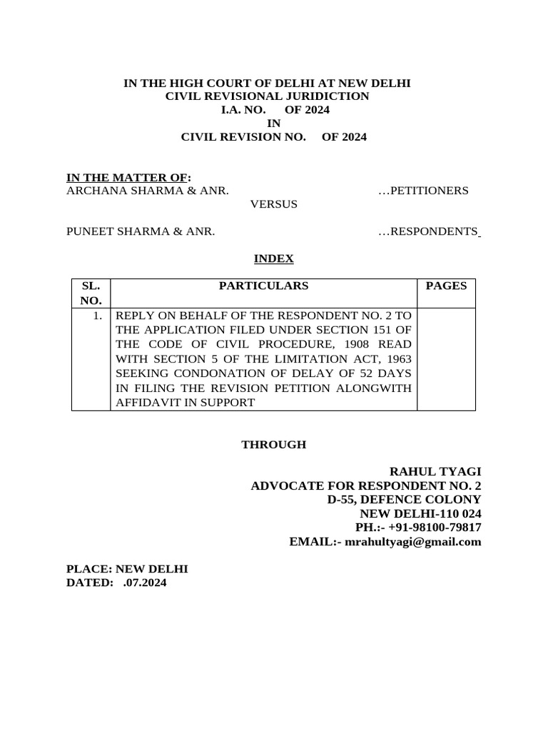 Reply To Application For Condonation of Delay-Archana SHarma Vs Puneet ...