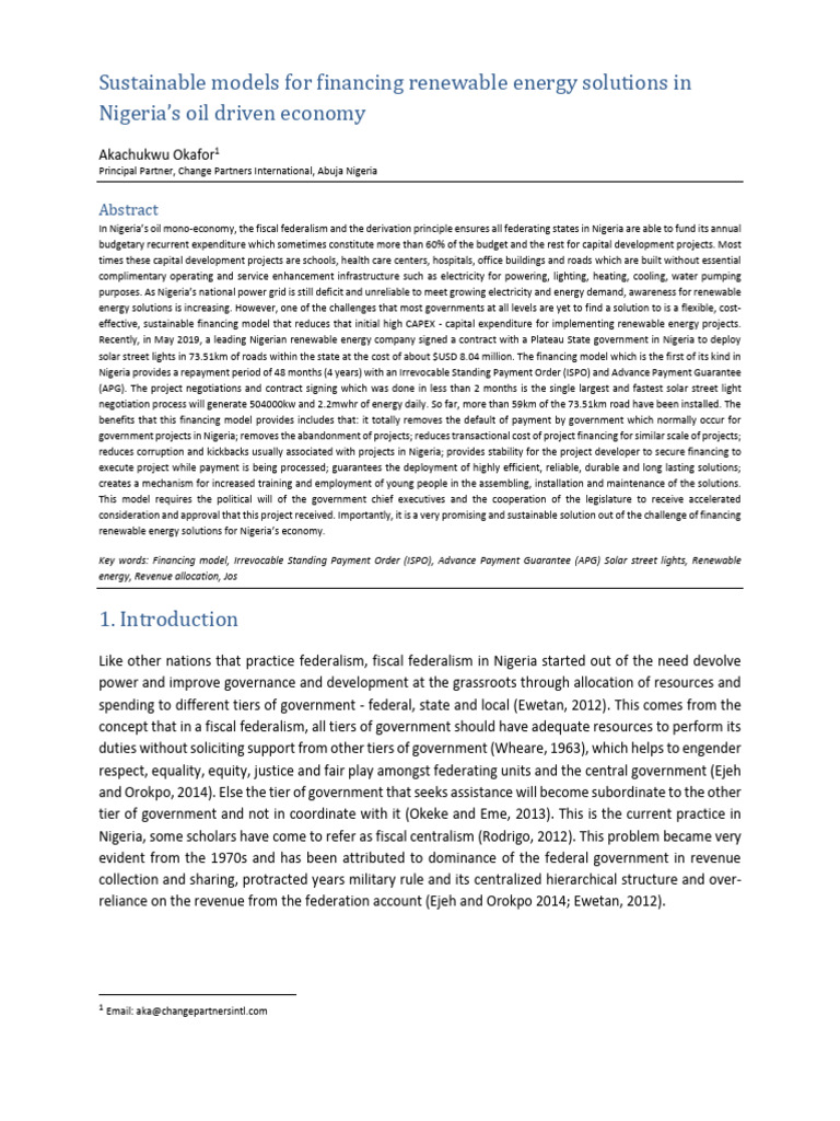 Sustainable Models For Financing Renewable Energy Solutions in Nigeria ...