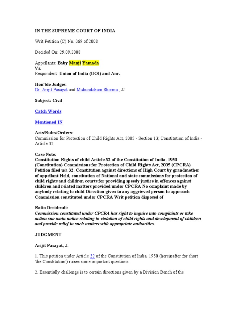 Manji Yamada V/s Union of India (UOI) and Anr. | PDF | Surrogacy ...