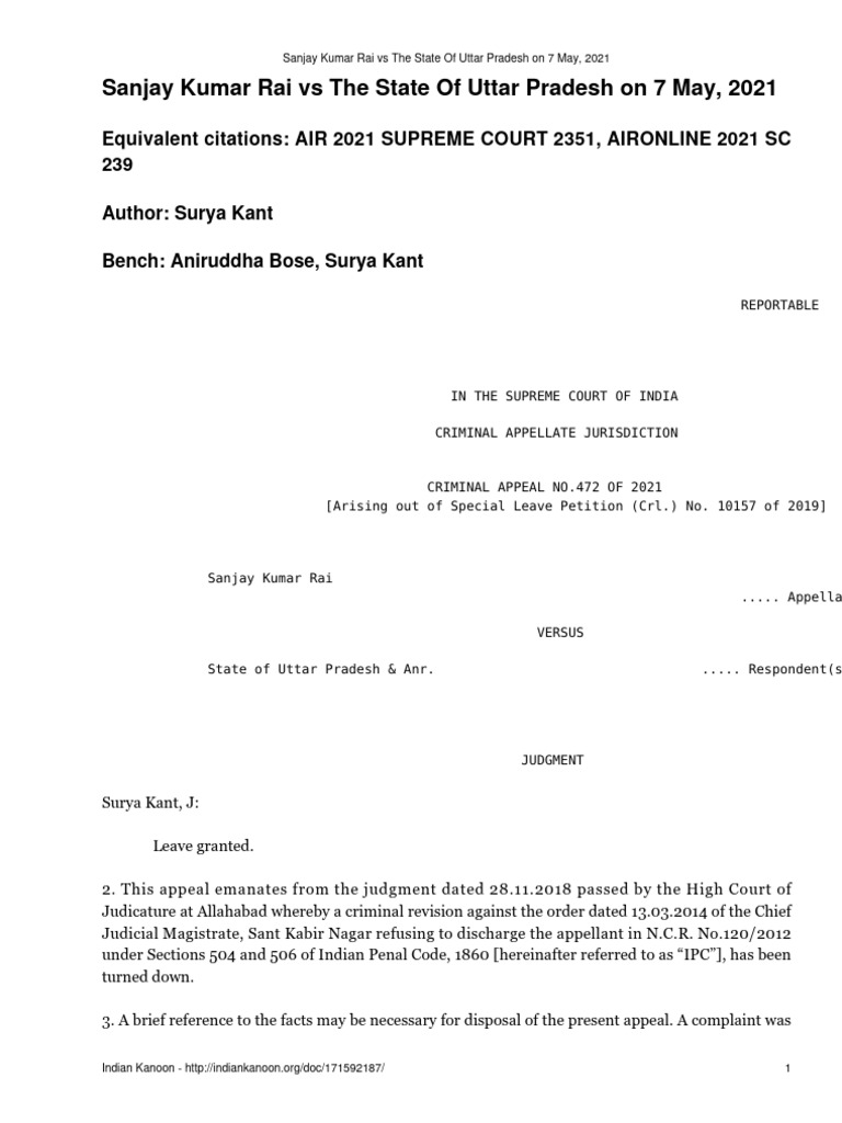 Sanjay Kumar Rai Vs The State of Uttar Pradesh On 7 May 2021 | PDF