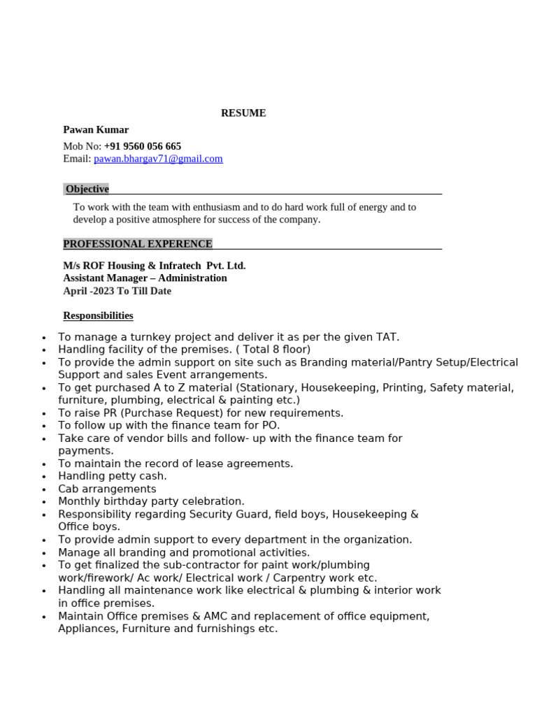 Resume Pawan Kumar +91 9560 056 665: Mob No: Email | PDF