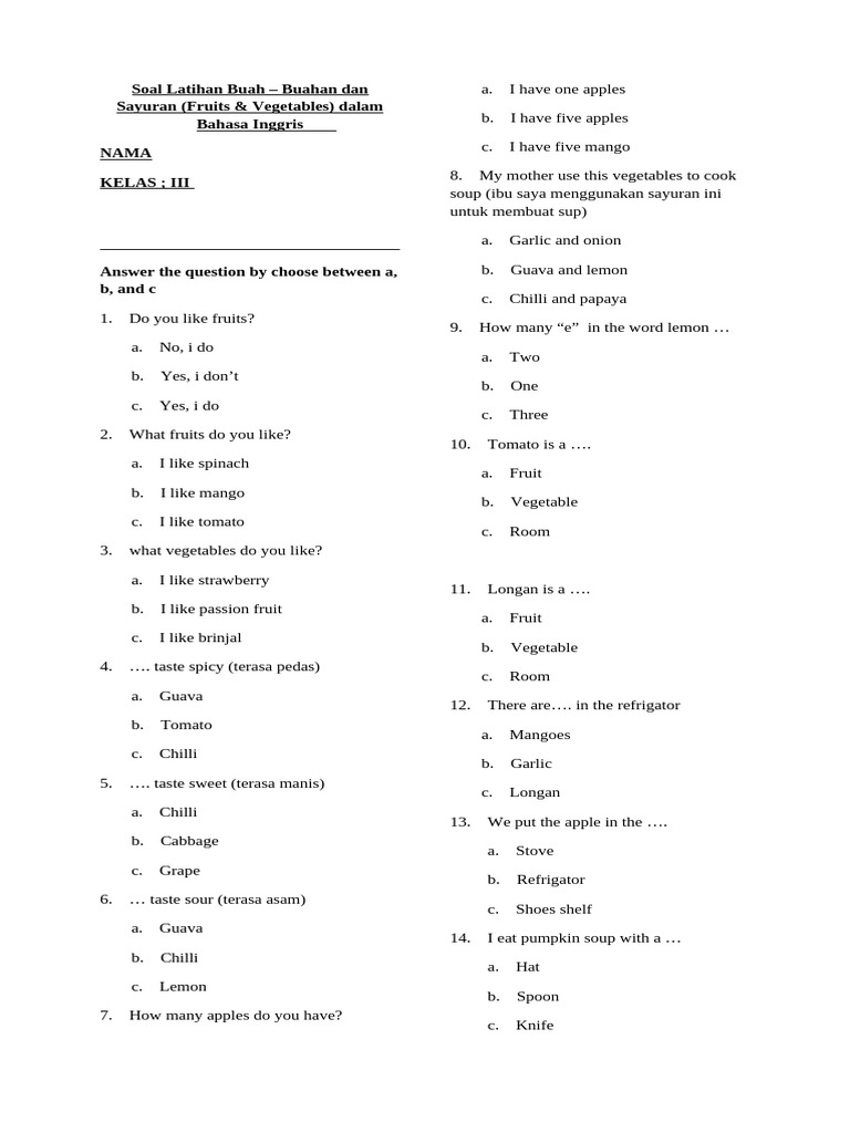 Soal Latihan Fruits and Vegetables | PDF