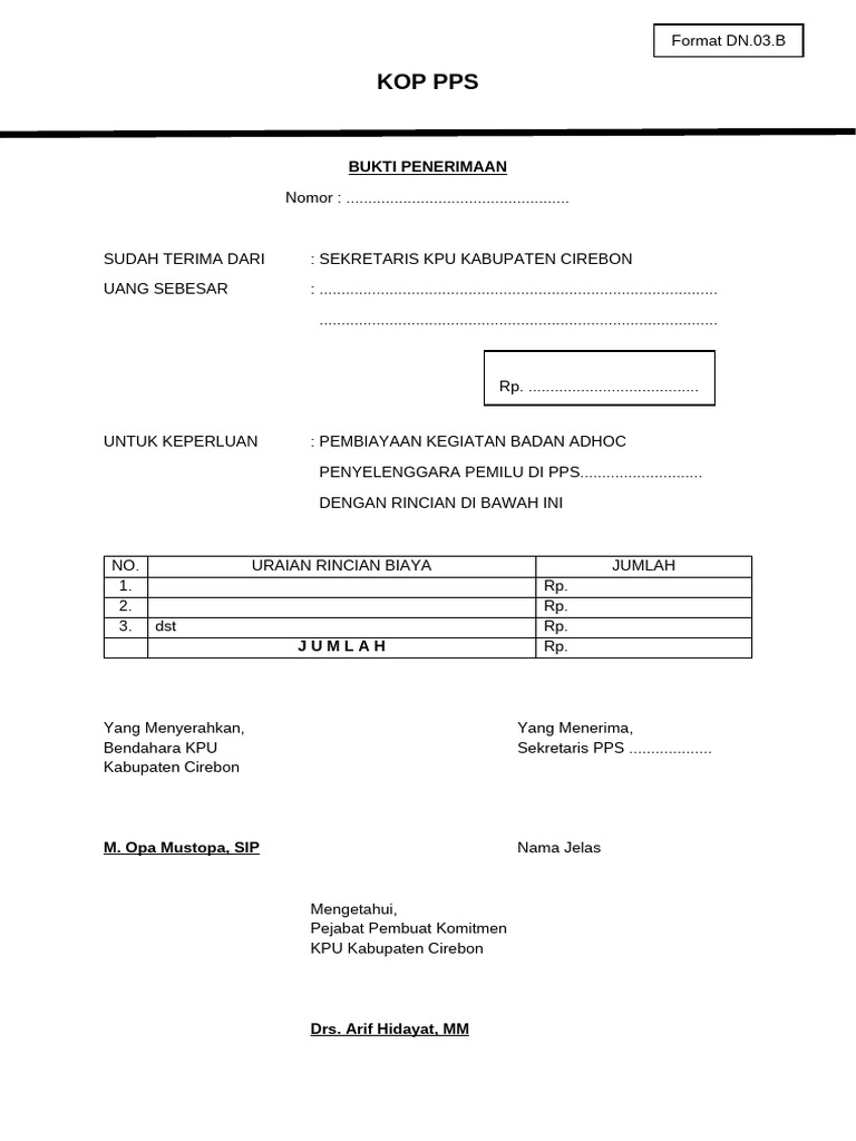 Format Bukti Penerimaan Dana Tahapan Pemilu PPS (Format DN.03.B) | PDF