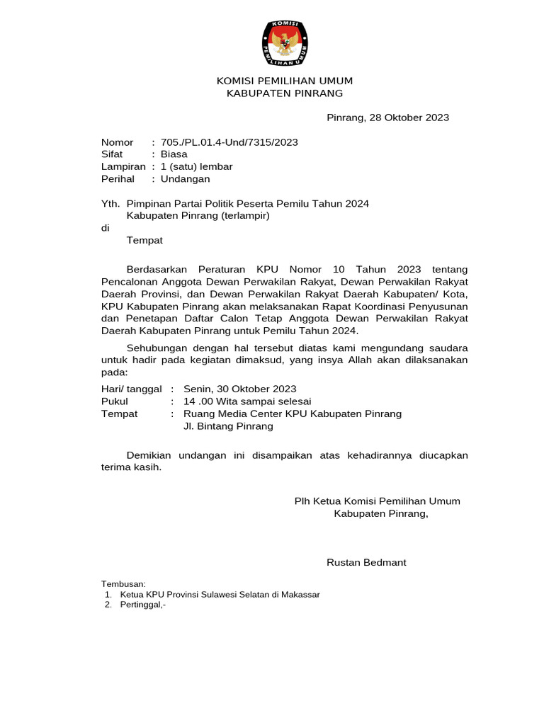 Undangan Rapat KPU Pemilu 2024 Pinrang | PDF