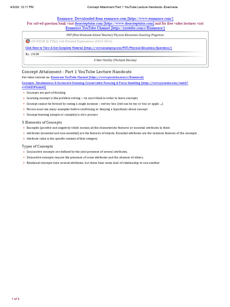 Concept Attainment YouTube Lecture Handouts Part 1 | PDF
