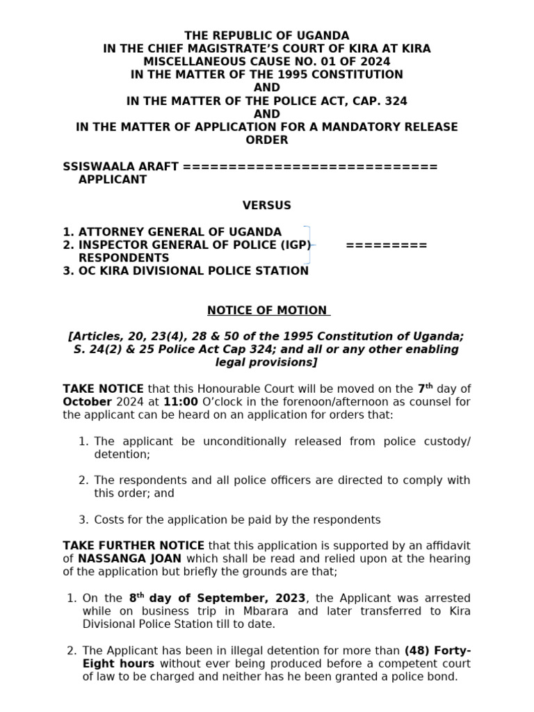 Notice of Motion For Mandatory Release Order | PDF