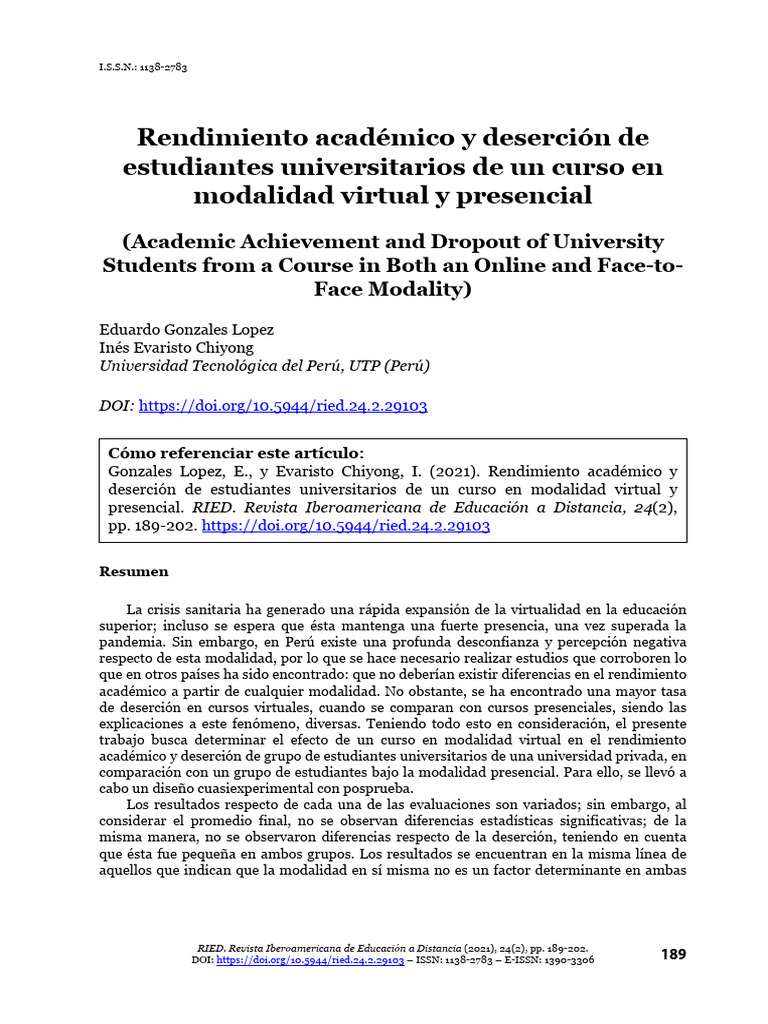 Rendimiento Academico y Desercion de Estudiantes Universitarios de Un ...