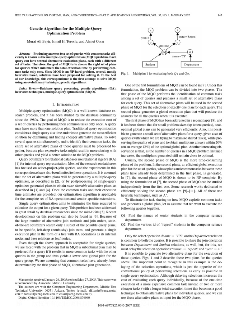 Genetic Algorithm For The Multiple Query Optimization Problem Pdf