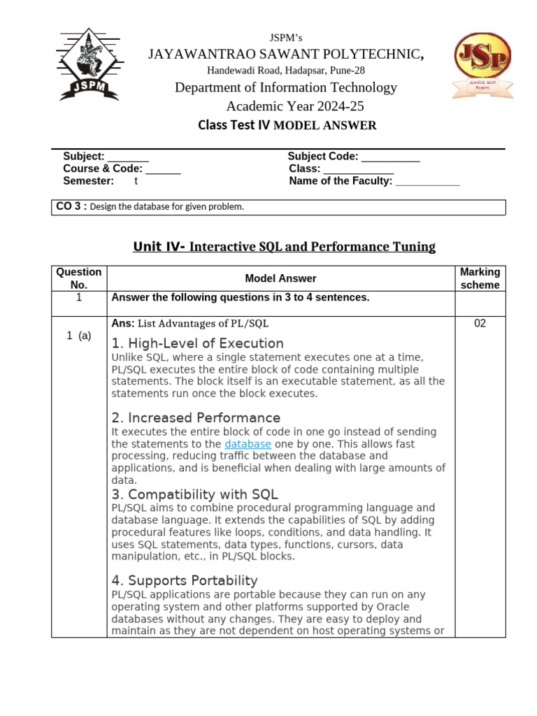 Class Test 3 Model Answer | PDF