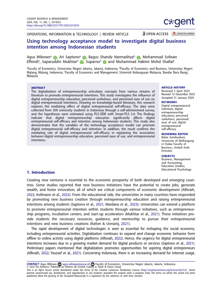 Using technology acceptance model to investigate digital business intention among Indonesian ...