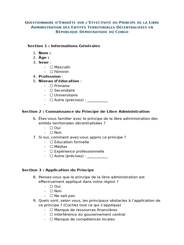 Questionnaire d'Enquête | PDF