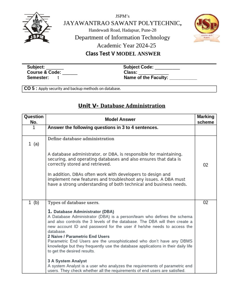 class test 1 model answer | PDF