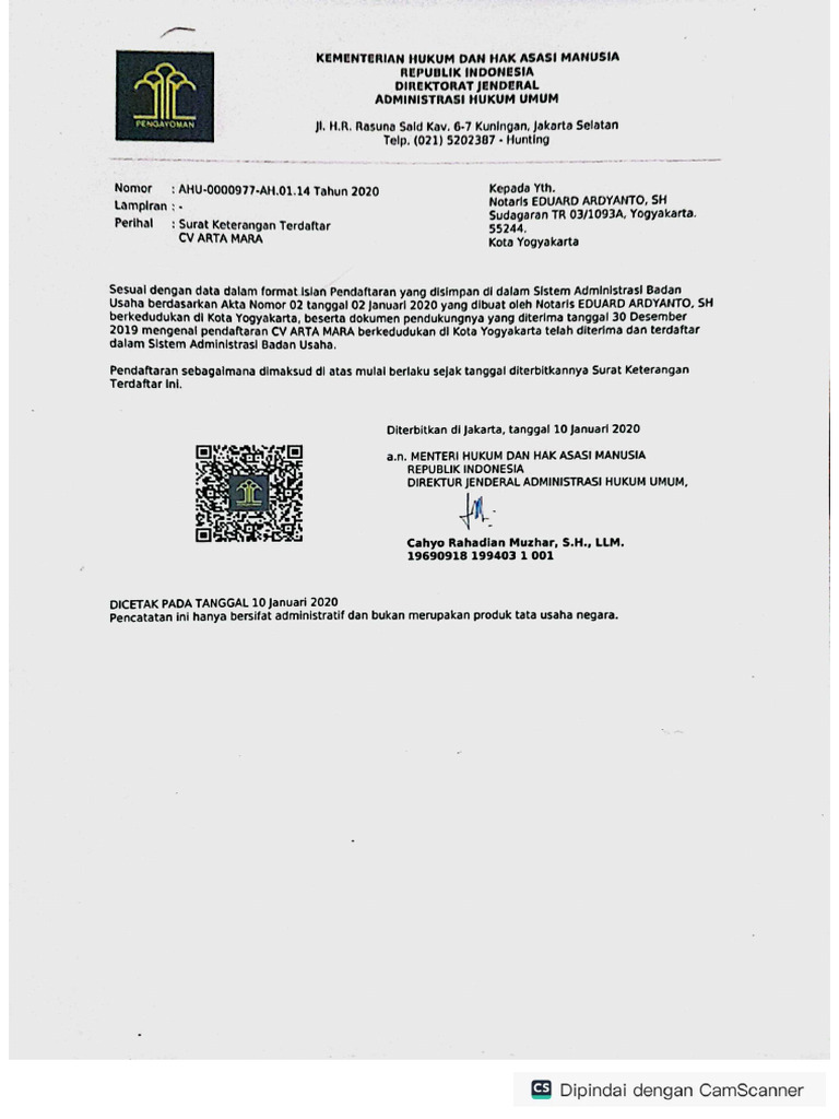 SK KEMENKUMHAM CV ARTA MARA | PDF