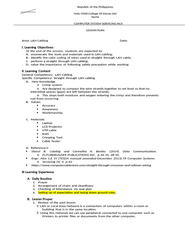 Lesson Plan Computer System Servicing | PDF
