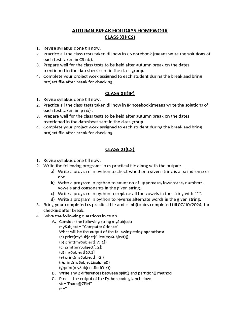 Autumn Break Holidays Homework 2024-25 | PDF