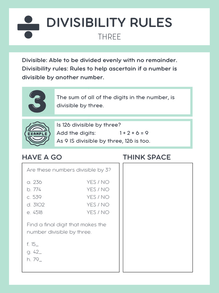 Divisibility Rules - Three Maths Worksheet | PDF