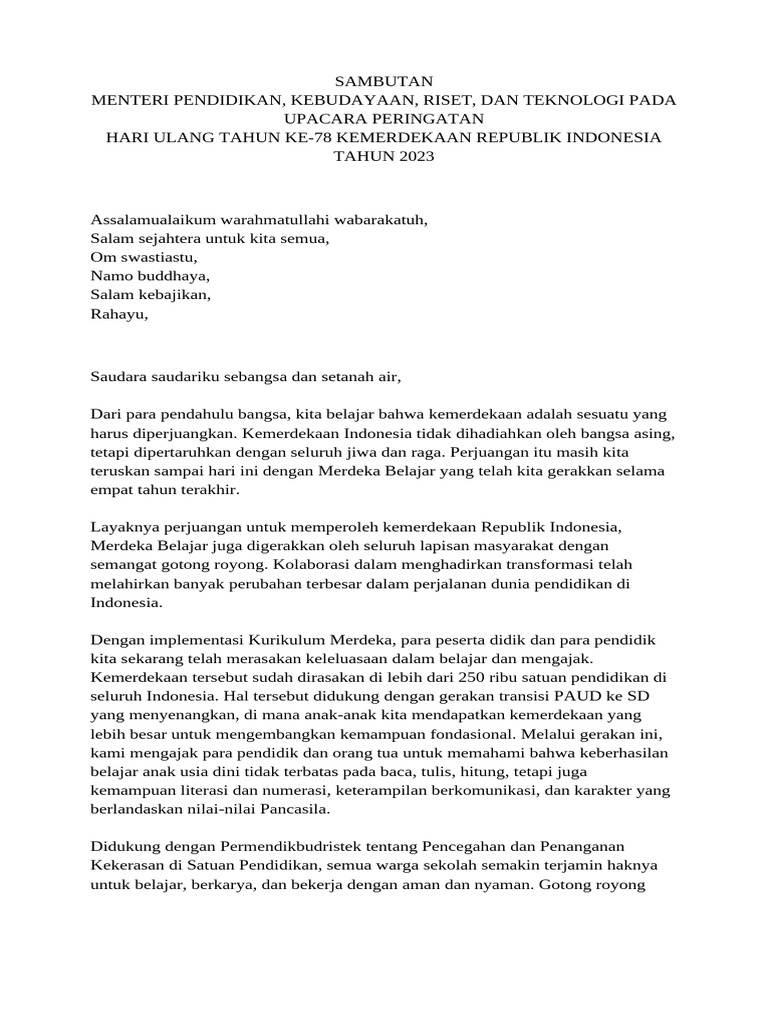 SAMBUTAN Amanat Pembina Upacara 17 Agustus 2023 | PDF