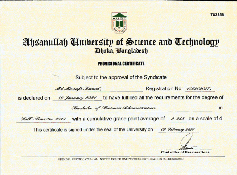 Bachelor Provisional Certificate | PDF