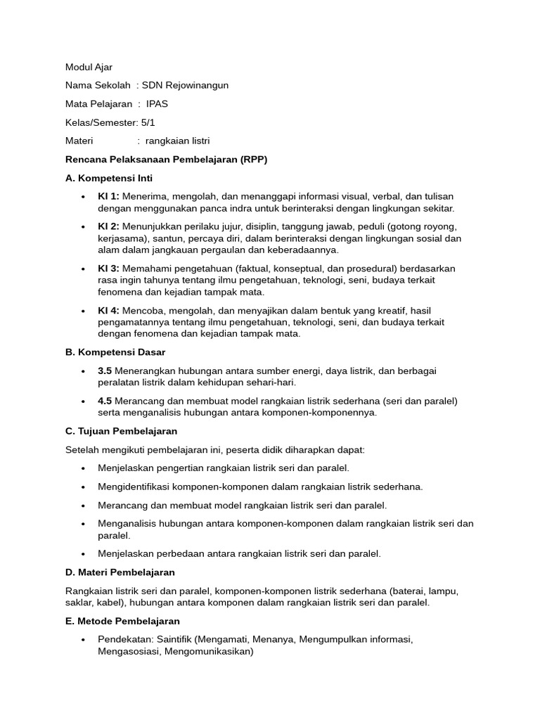 Modul Ajar IPAS Kls 5 Rangkaian Listrik | PDF