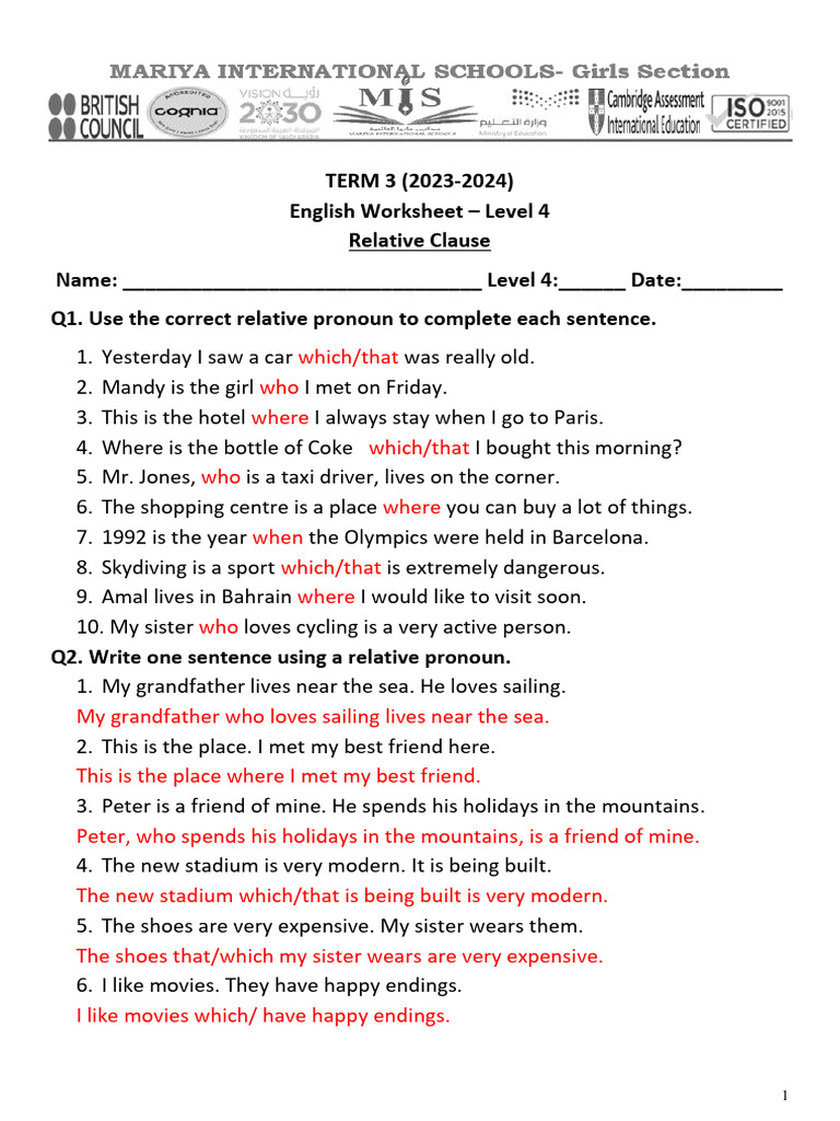 English Worksheet - Level 4 - Relative Clauses and Will - Answer Key | PDF