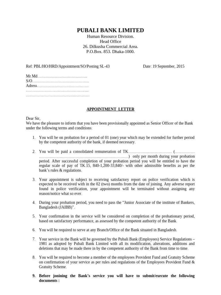 APPOINTMENT Letter (Bank Sample) | PDF