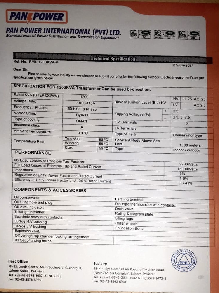 1200KVA Technical Data | PDF