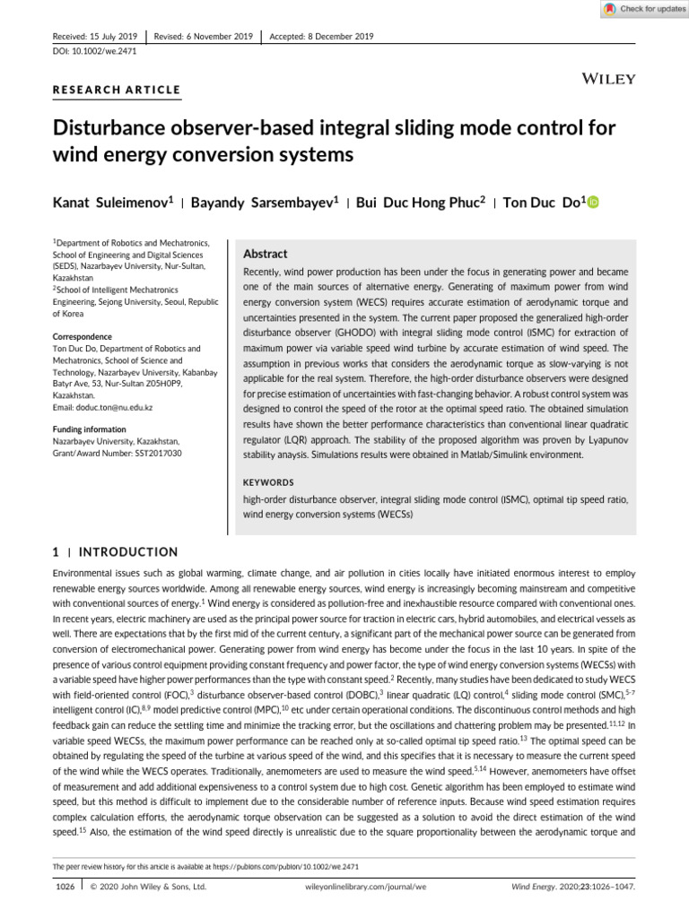 Wind Energy - 2020 - Suleimenov - Disturbance Observer Based Integral Sliding Mode Control For ...