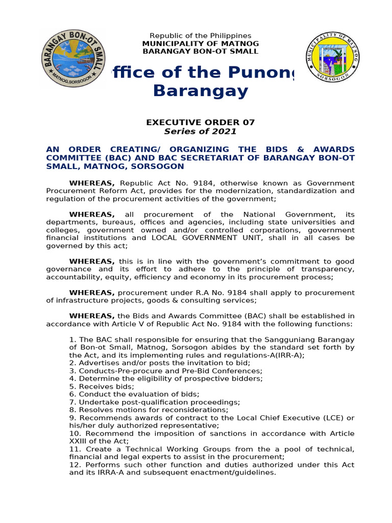 Office of The Punong Barangay: Executive Order 07 | PDF
