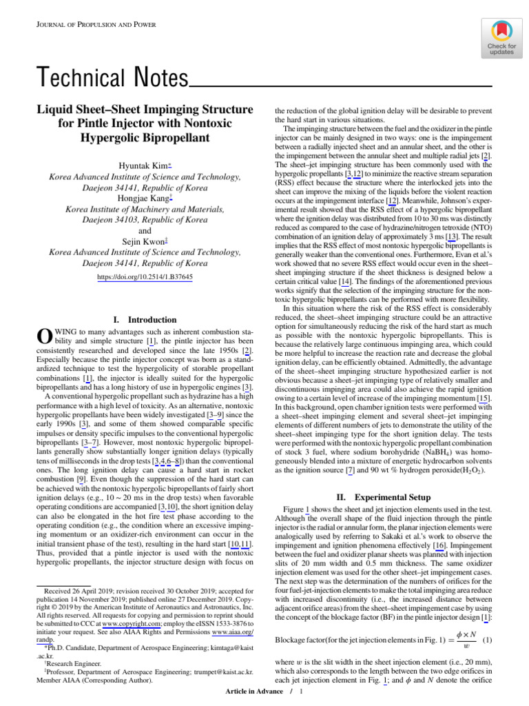 Echnical Otes: Liquid Sheet Sheet Impinging Structure For Pintle ...
