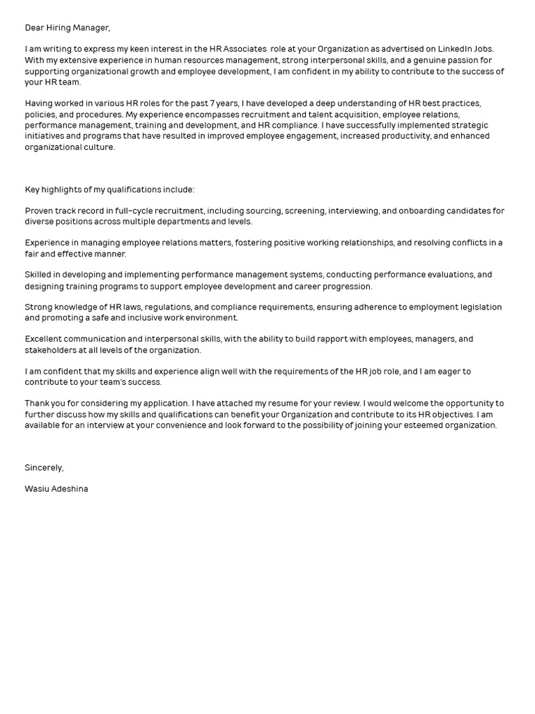 Cover Letter For HR Job Role | PDF