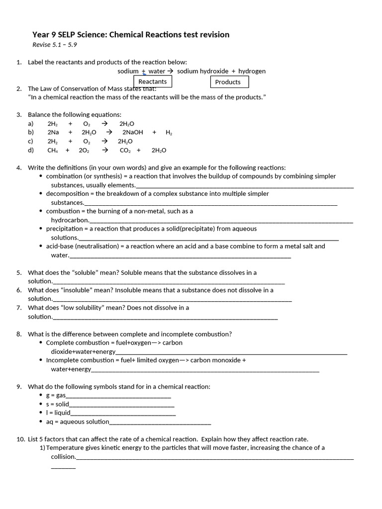 Chemical Reactions Test Revision | PDF