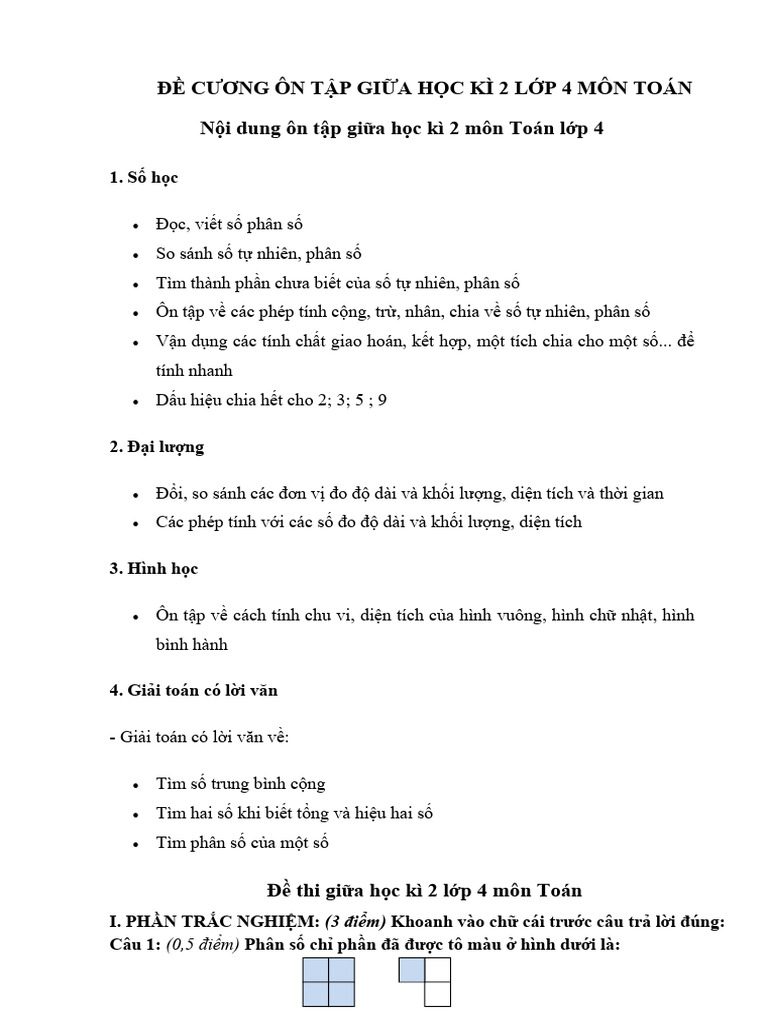 De Cuong On Tap Giua Hoc Ki 2 Mon Toan Lop 4 | PDF