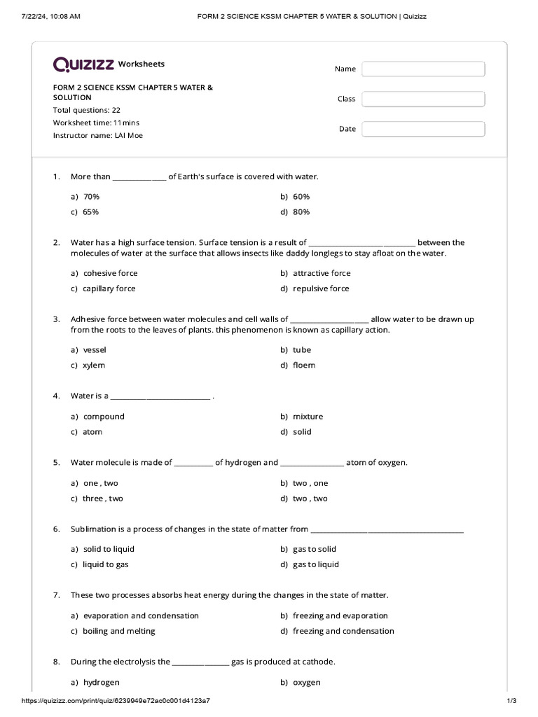 FORM 2 SCIENCE KSSM CHAPTER 5 WATER & SOLUTION _ Quizizz | PDF