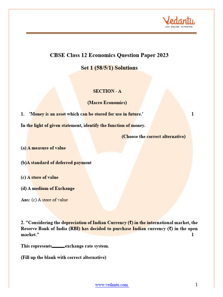 Cbse Class 12 Economics Question Paper Set 1 58 5 1 2023 | PDF