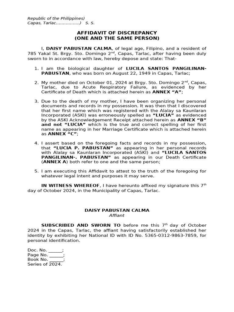 Affidavit of One and The Same Person | PDF