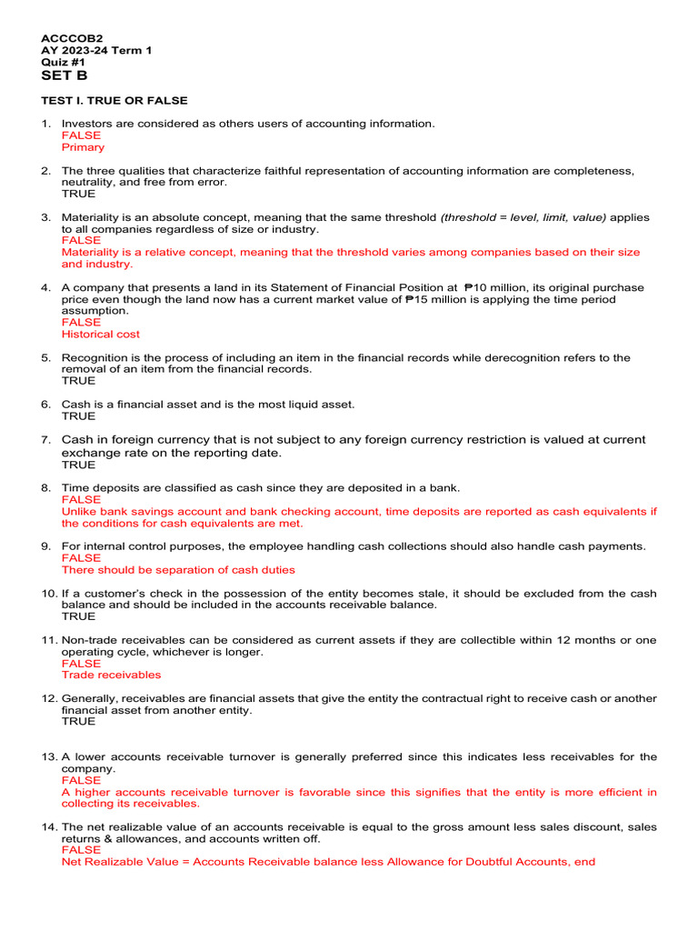 ACCCOB2 Quiz-1 Set-B Answer-Key | PDF