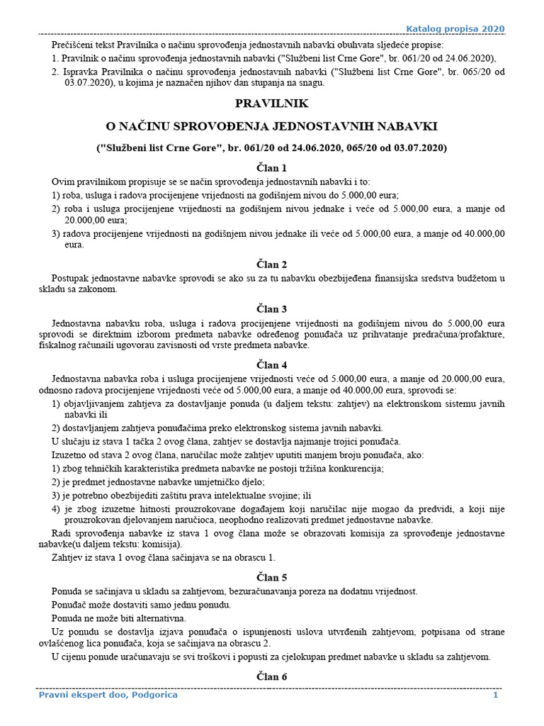Pravilnik o Nacinu Sprovodjenja Jednostavnih Nabavki | PDF