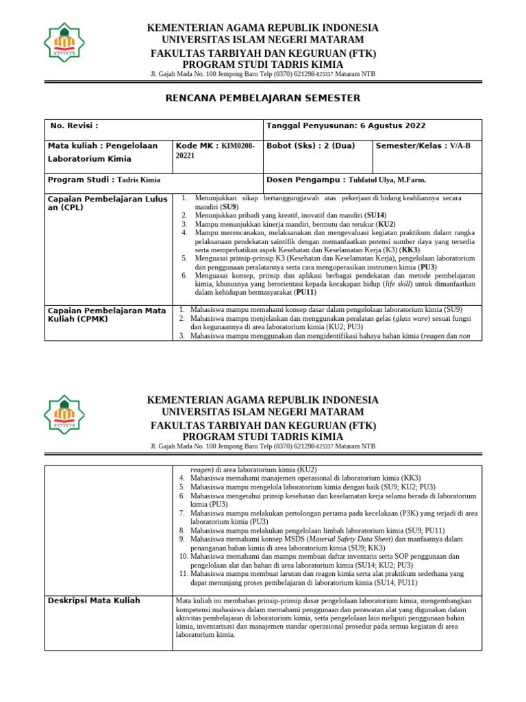 Template RPS UIN Mataram | PDF