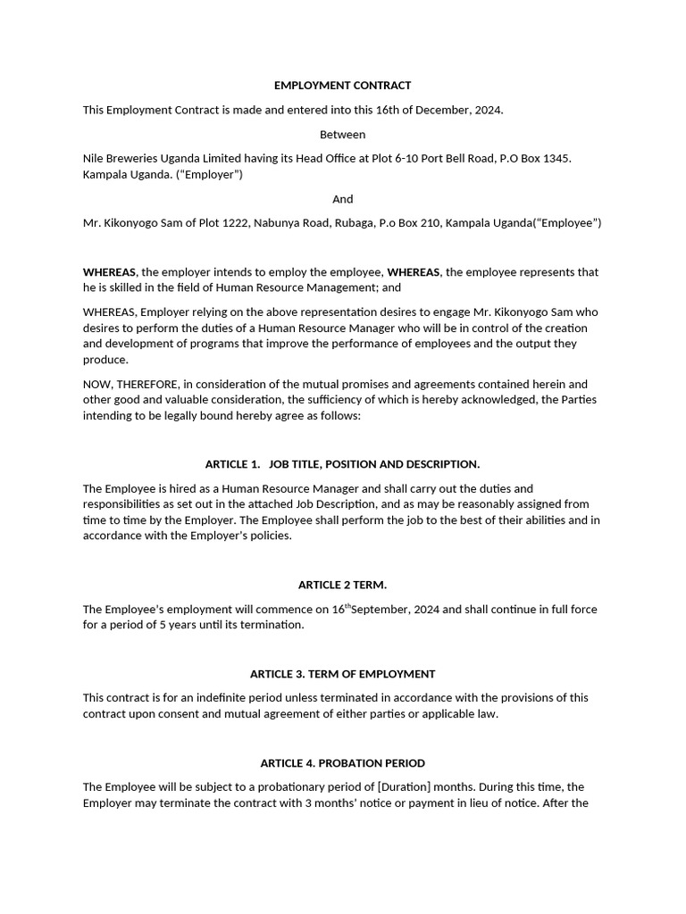 Employment Contract for HR Manager | PDF | Employment | Salary