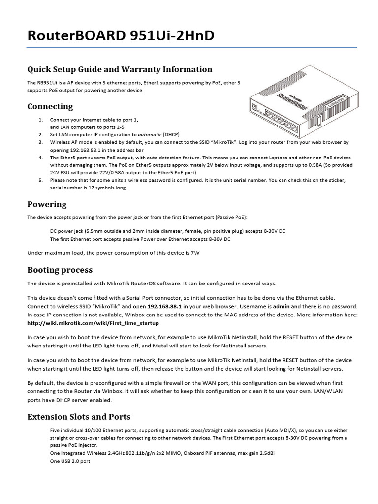Mikrotik Routerboard RB951Ui-2HnD Quick Guide | PDF