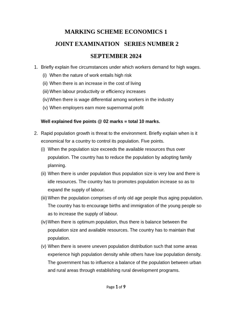 Economics Marking Scheme September 2024 | PDF | Cost Of Living ...