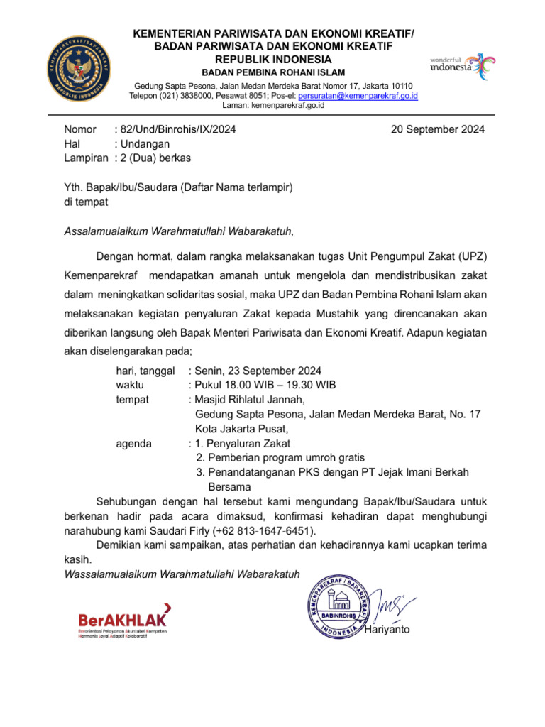 Undangan Penyaluran Zakat 2024. JPT - r2 - TTD | PDF | Bisnis