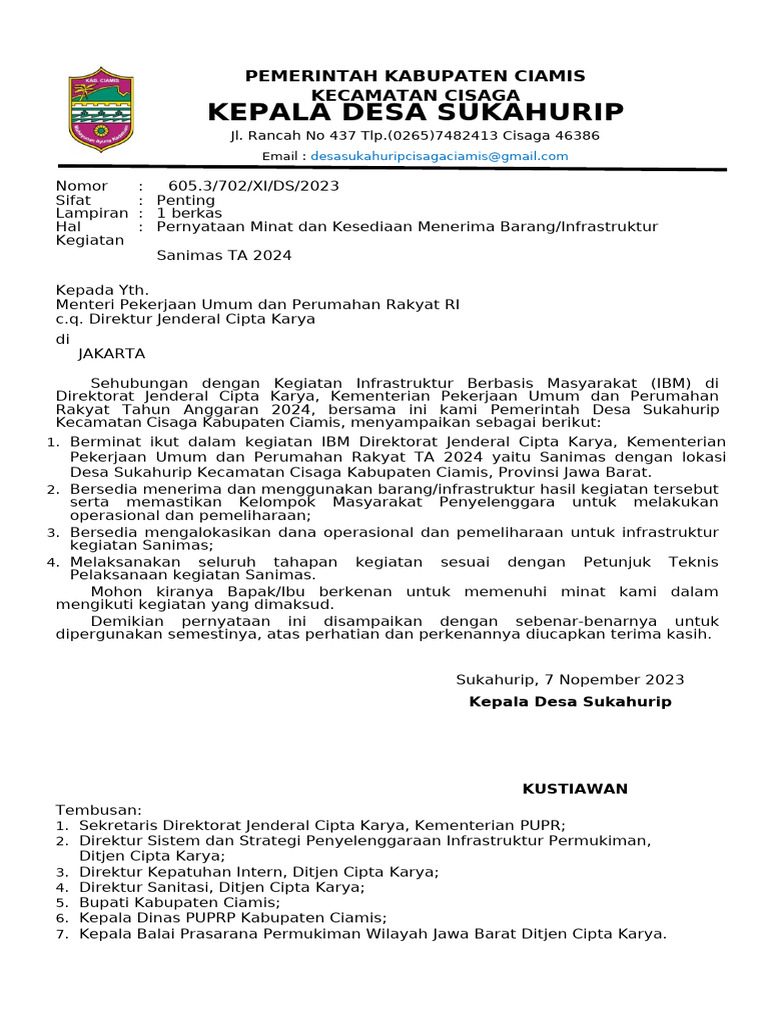 Format Surat Minat Sanimas Sukahurip Ta.2024 | PDF