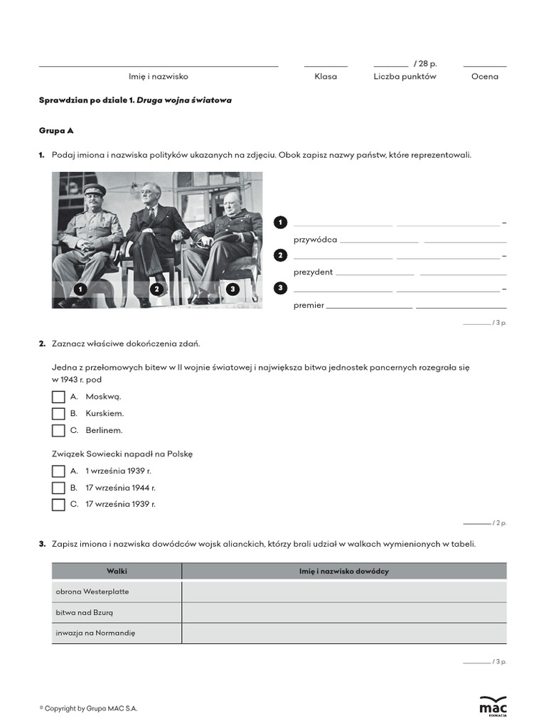 Sprawdzian Druga Wojna Swiatowa 1 | PDF