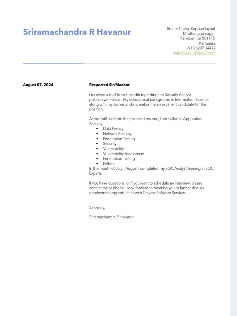 Resume Cover Letter For Glean | PDF