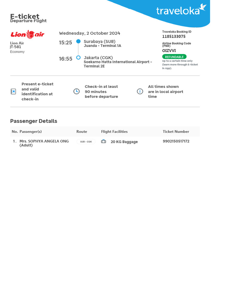 Sophya Angela Ong Sub Oizvvi CGK Flight - Originating | PDF