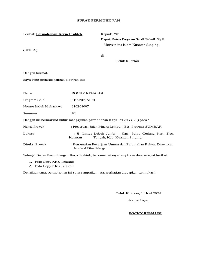 SURAT PERMOHONAN KP | PDF