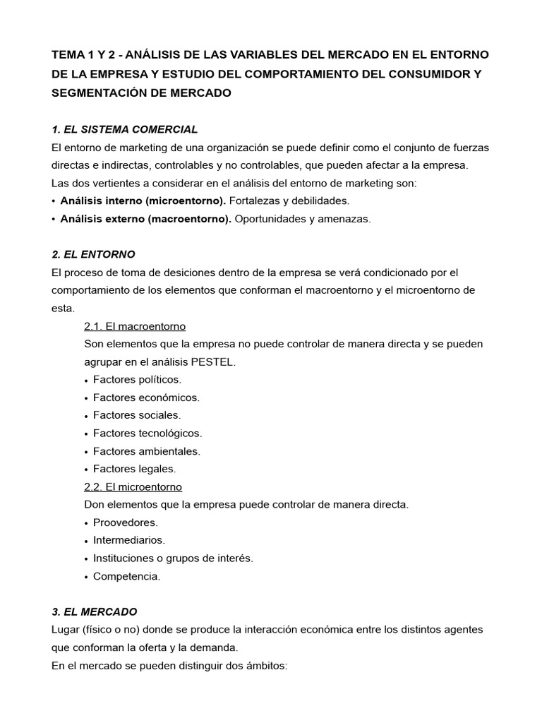 Tema 1 Y 2 - Análisis de Las Variables Del Mercado en El Entorno de La ...