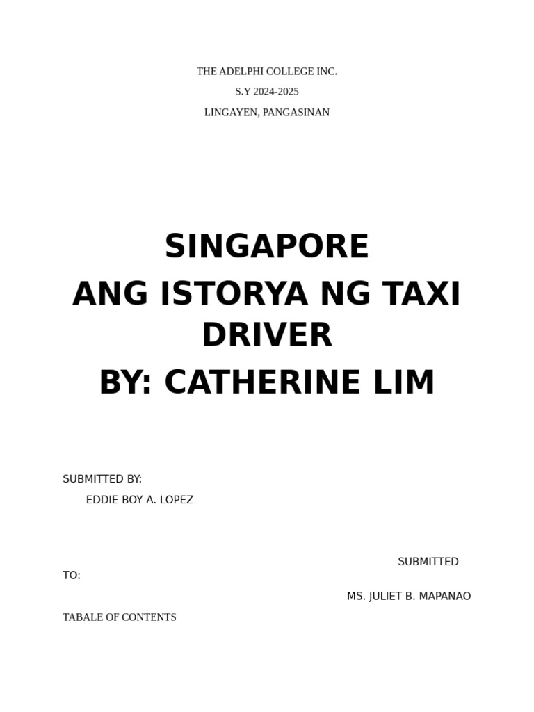 Ang Istorya NG Taximan Driver by Catherine Lim | PDF